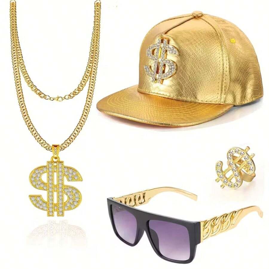 4pcs/Set Hip Hop Costume Set Gold Rapper Hat Punk Sunglasses Gold ...