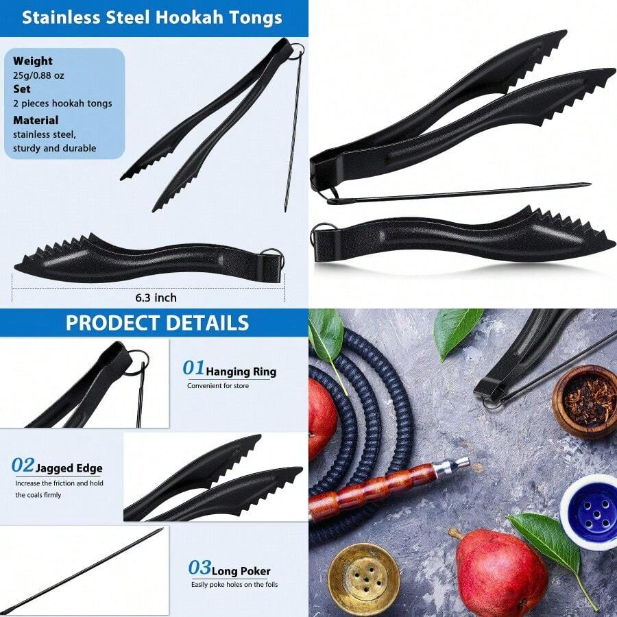 2 Packs Tongs Sets Stainless Steel Charcoal Tongs Metal Narguile Shisha ...