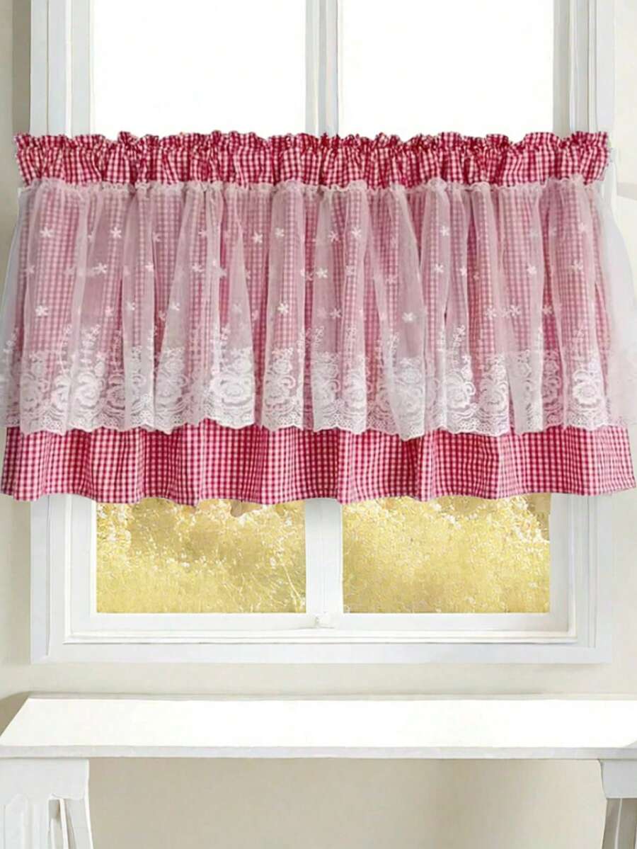 1pc Farmhouse Style Double Layer Curtain Valance - Red Lattice Pattern ...