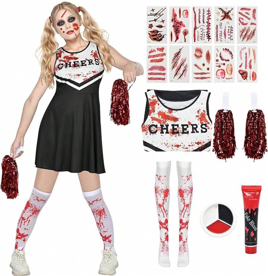 Zombie Cheerleader Costume Women, Scary Bloody Cheerleading Outfit High ...