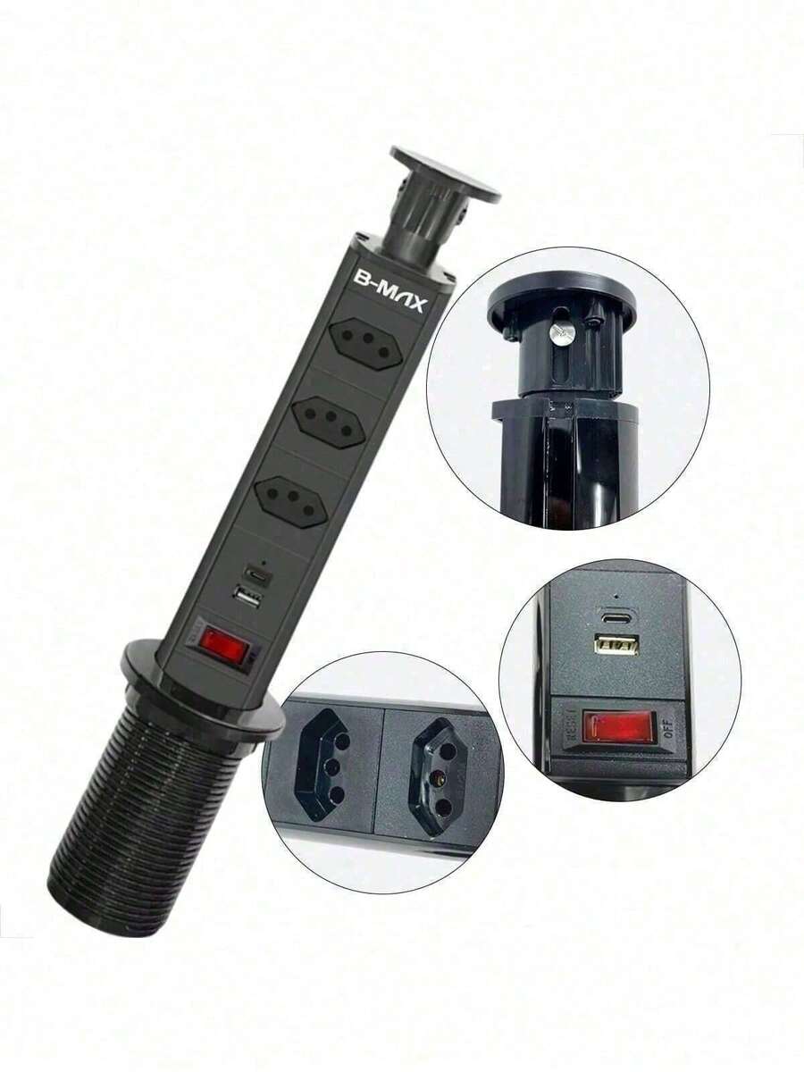 Torre Tomada Bancada de Embutir Com USB Interruptor 3 Tomadas 20A Plug ...