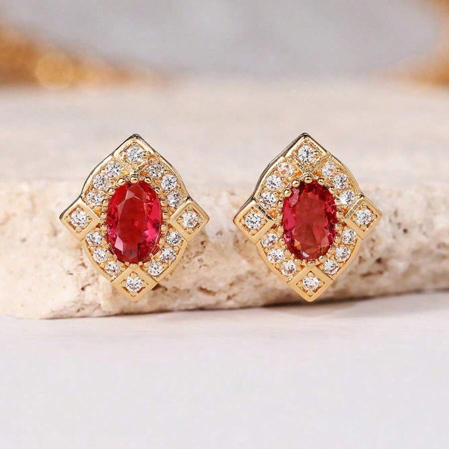 1Pair Vintage Red Crystal Stud Earrings, Square Frame With Sparkling ...