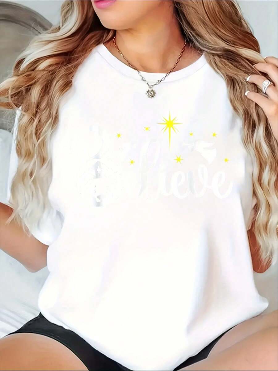 Believe Christmas Nativity Scene Star Design Holiday T-Shirt For Women ...