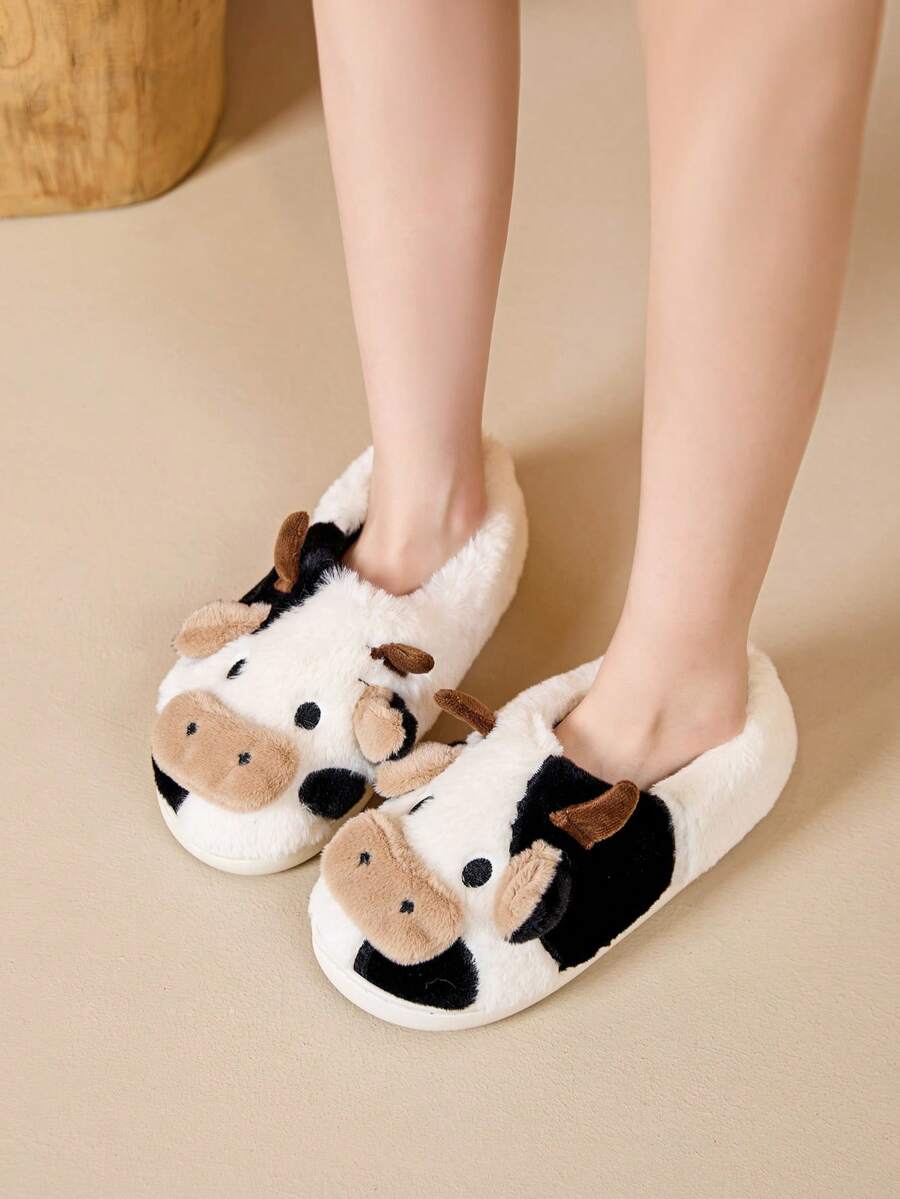 Cartoon Cow Plush Lined Slippers, Warm Indoor Home Slippers For Women ...