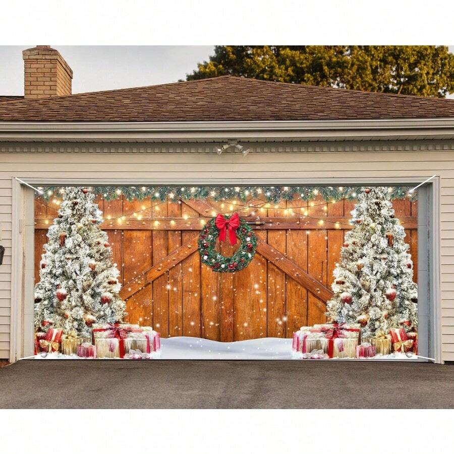 Whaline Rustic Christmas Garage Door Banner Cover Wood Texture Board ...