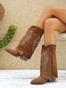 planare Women's Retro Brown Suede Embroidered Chunky Heel Western Boots ...