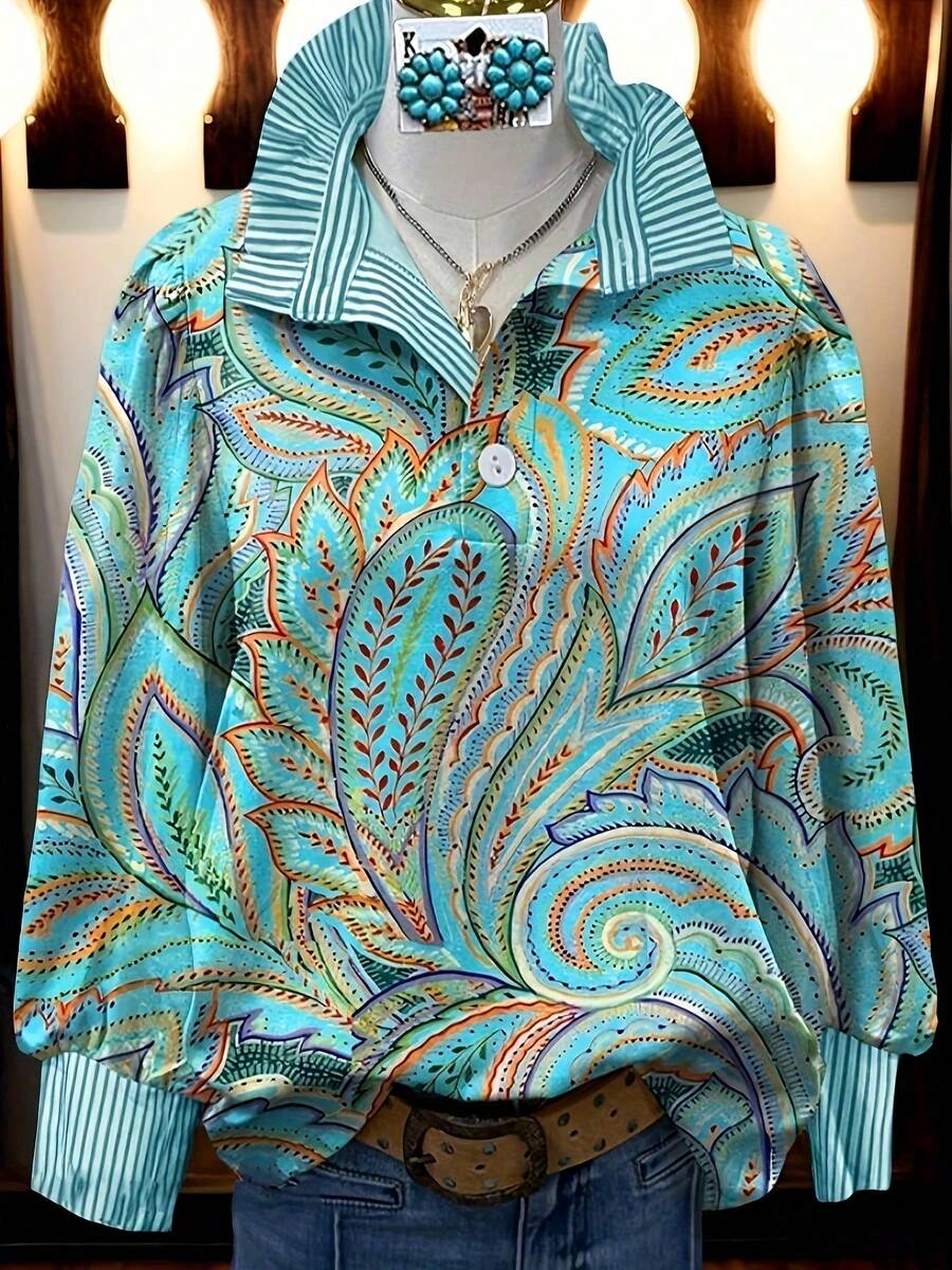 Boho Turquoise Floral Print Striped Top | SHEIN USA
