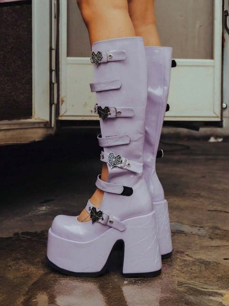 Gothic Style Women's Knee High Boots Leather Buckle Round Toe Chunky ...