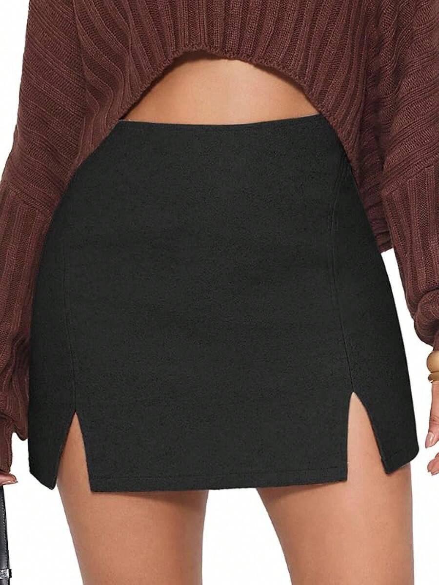 Women's Fashion Faux Wool Mini Skirt High Waisted Y2K Side Slit Tweed ...