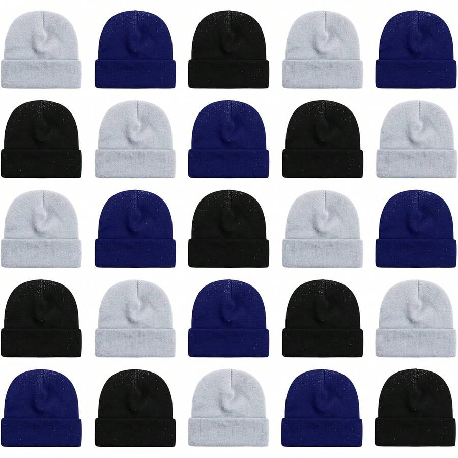 25 Pack Winter Beanie Hats, Unisex Thermal Toboggan Cold Weather Cuffed ...