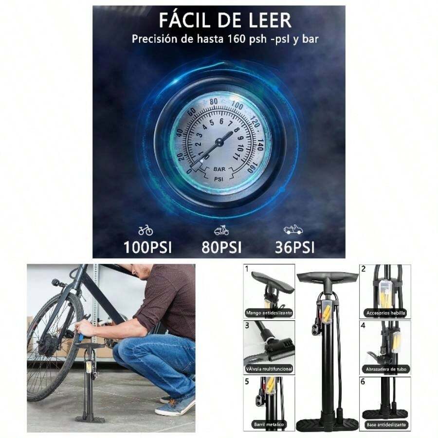 Foot Pump 40CM 3 en 1 con Manmetro, Bomba de Bicicleta Presta y Schrader y Inglesas con 1 Juegos ...