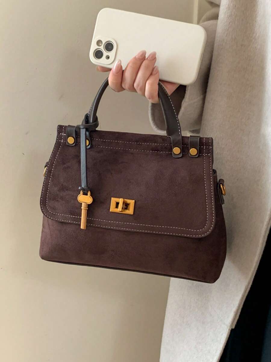 1pc Women's Fashionable Coffee Suede Tote Bag, Minimalist Vintage Rivet ...