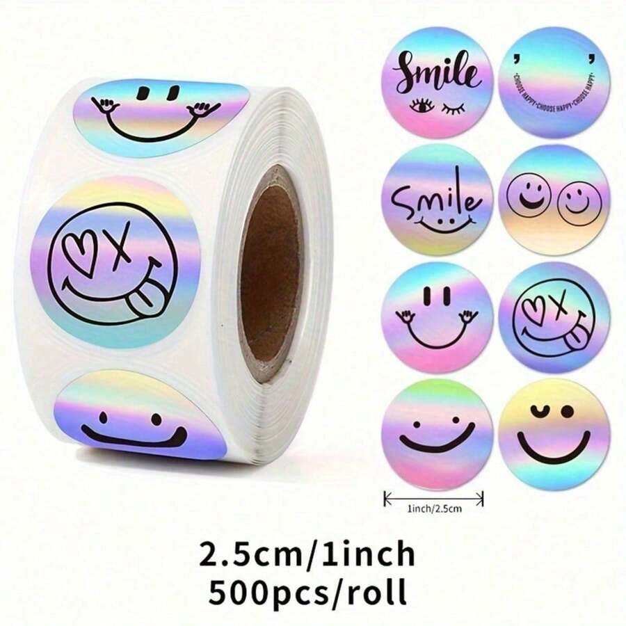 50+50 Pieces/Roll 8 Patterns Rainbow Laser Stickers Smile Thanks ...