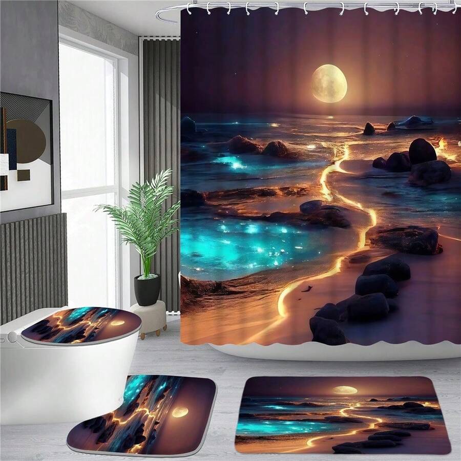 1/4 Piece Sunset Coast Pattern Shower Curtain Set, With 12 Hooks, Non ...