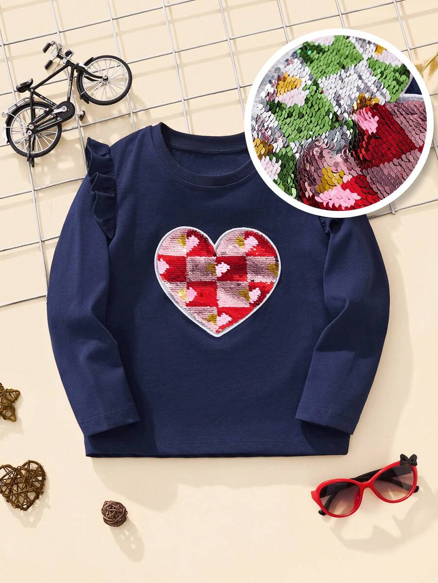 1pc Kids Cartoon Sequin Heart Print Long Sleeve Crew Neck T-Shirt ...