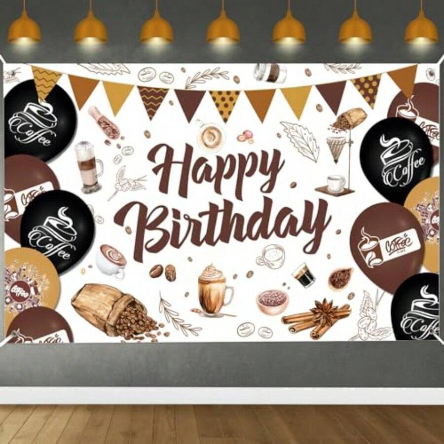 DCoffee Happy Birthday Backdrop Coffee Theme Birthday Party Decorations ...
