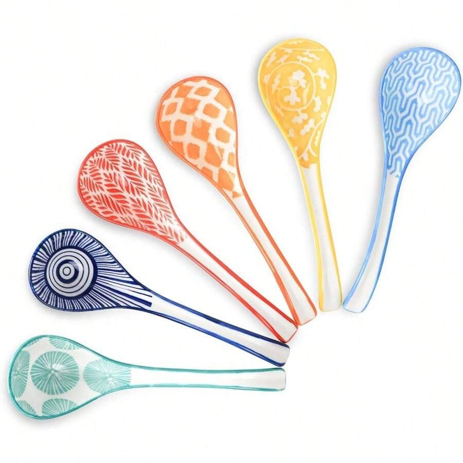 Asian Ceramic Soup Spoon Set Of 6, 6.3 Inch Ramen Spoons, Japanese And ...