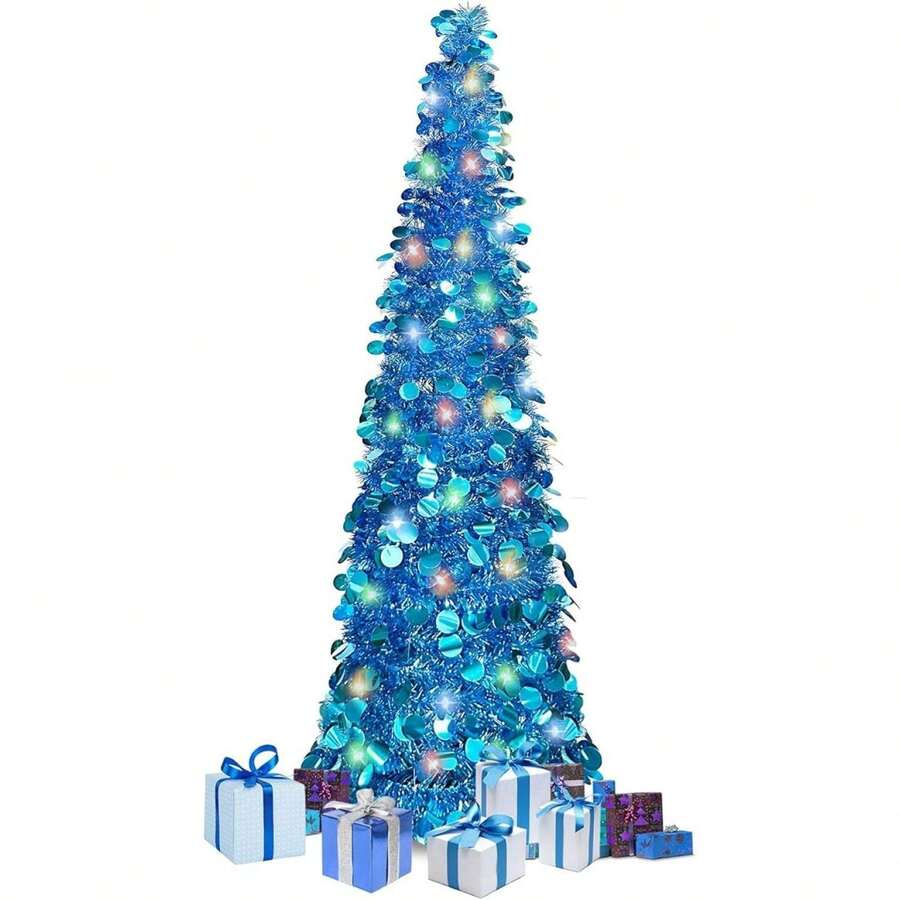5 FT Pencil Christmas Tree, Collapsible Artificial Sequin Pop Up ...