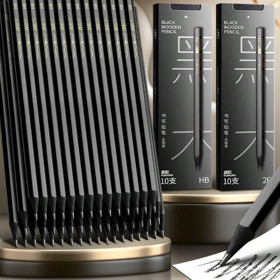 10/30 Stücke Bleistift-Set aus schwarzem Holz mit Graphitmine HB 2B, schwarze Schreibbleistifte ...