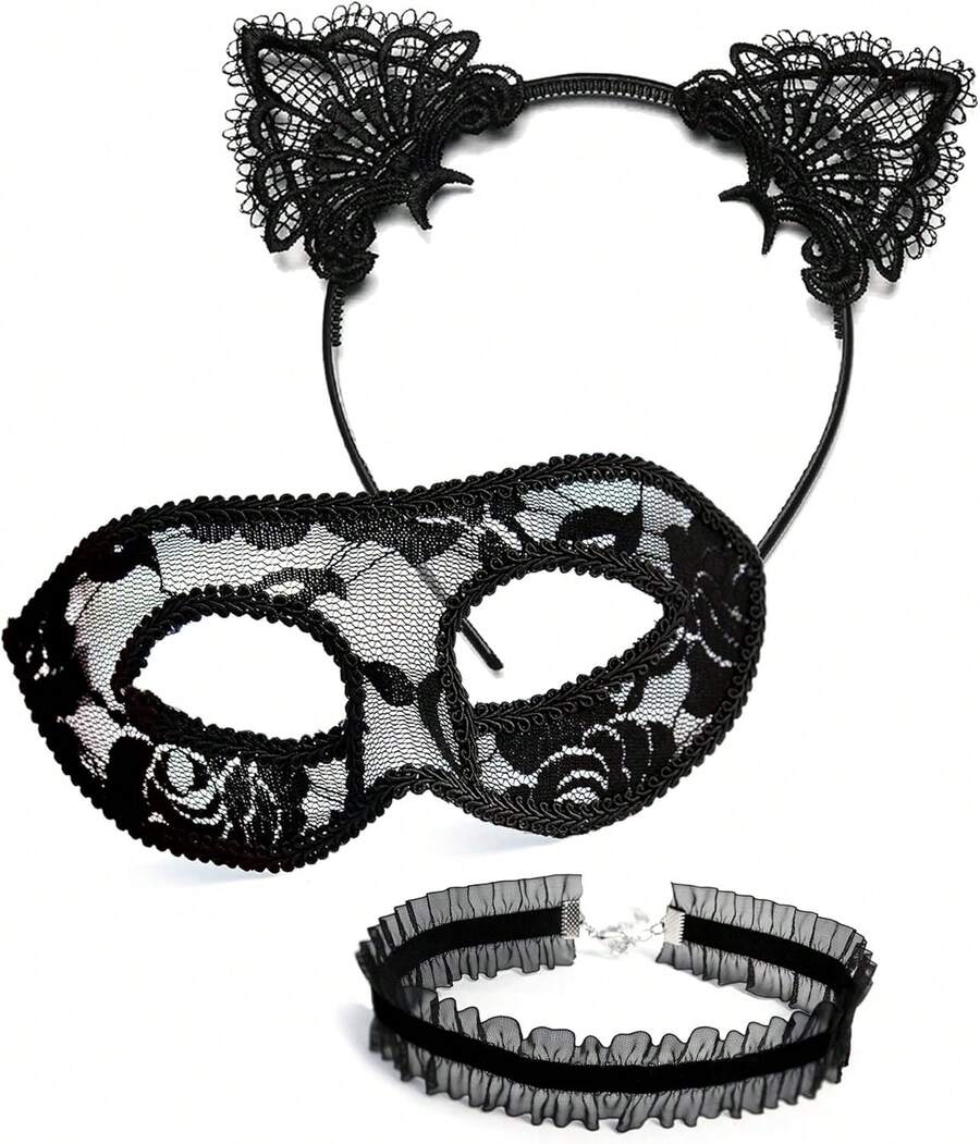 OLYPHAN Black Cat Costume For Women With Sexy Masquerade Lace Mask ...