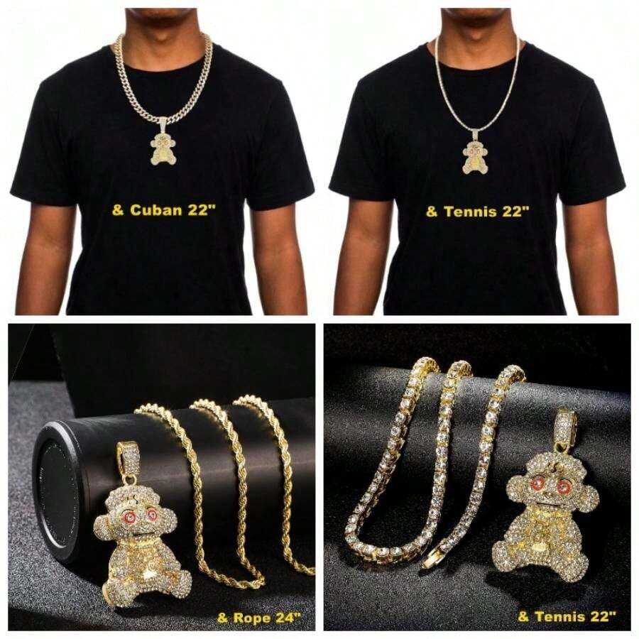Mens Hip Hop Iced Out Chain Silver Gold Monkey Bear Lion Pendant Chains ...