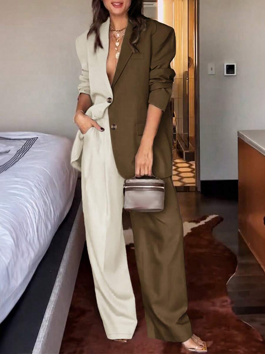 Women's Casual Versatile Commuter Colorblock Long Sleeve Blazer Suit ...