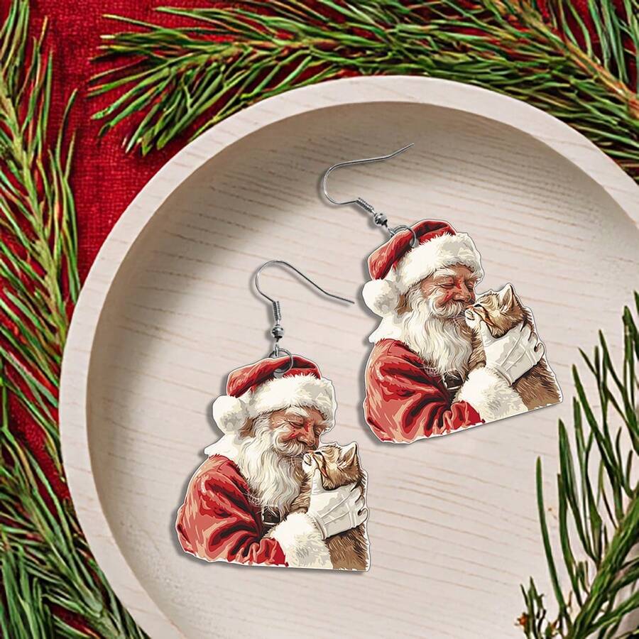 1 Pair Cute Cartoon Santa Claus & Cat 2D Funny Earrings, Suitable For ...