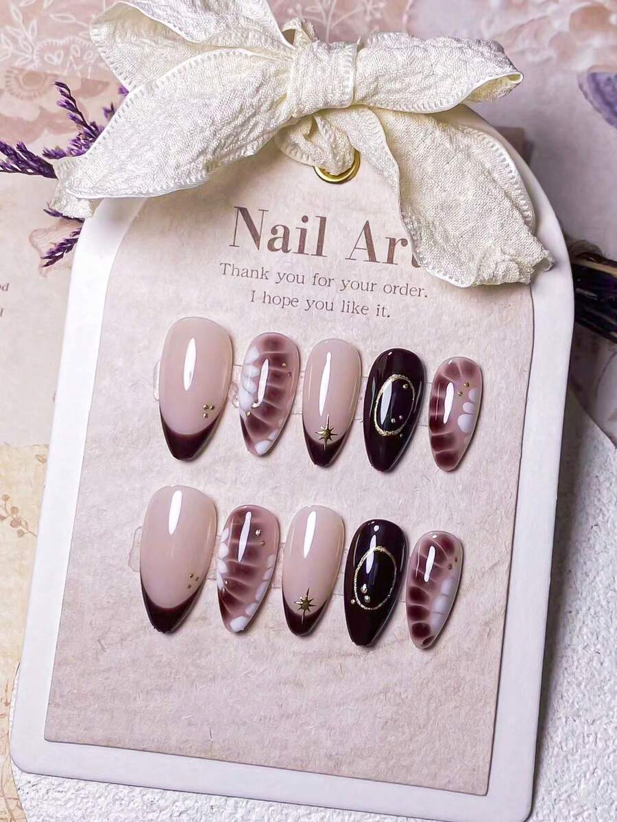 10pcs Handmade Almond-Shaped Nails, Brown French Tie Dye Striped Design ...