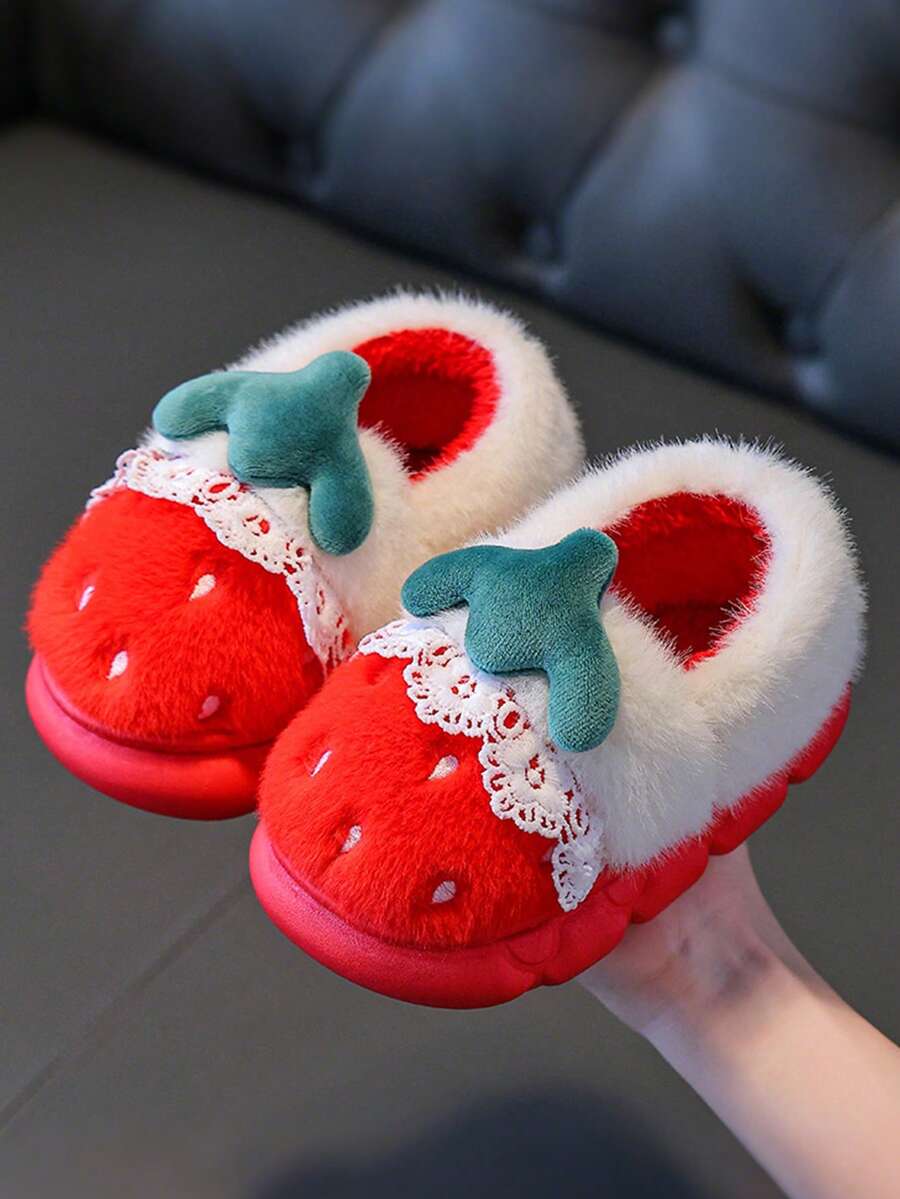 New Winter Cute Strawberry Girls' Home Baby Plush Slippers For Children ...