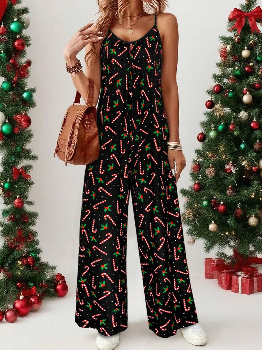 Women's Christmas Gingerbread Print Spaghetti Strap Jumpsuit, Festive ...
