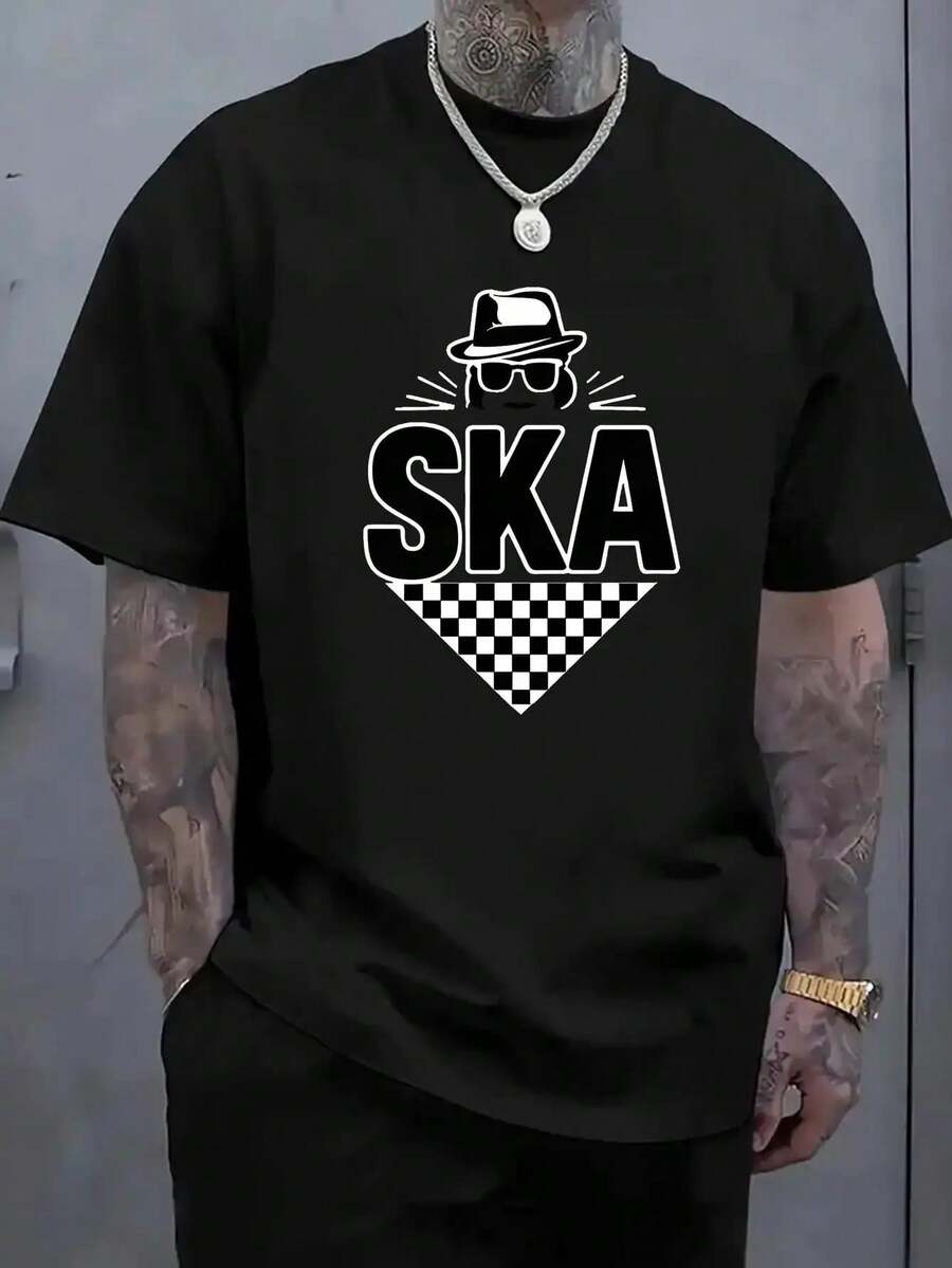 Men's Large Size High Collar SKA Pattern Printed T-Shirt - Soft ...
