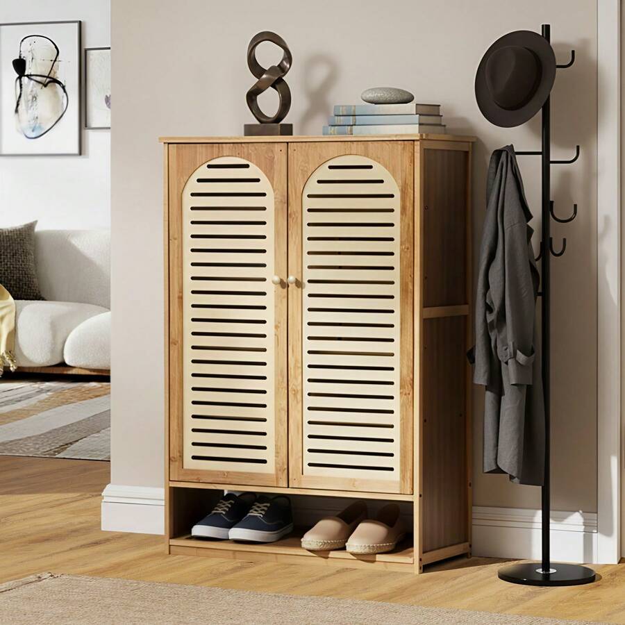 SUN YEE Shoe Storage Cabinet 2 Doors Bamboo Shoe Organiser Shelf Beige ...