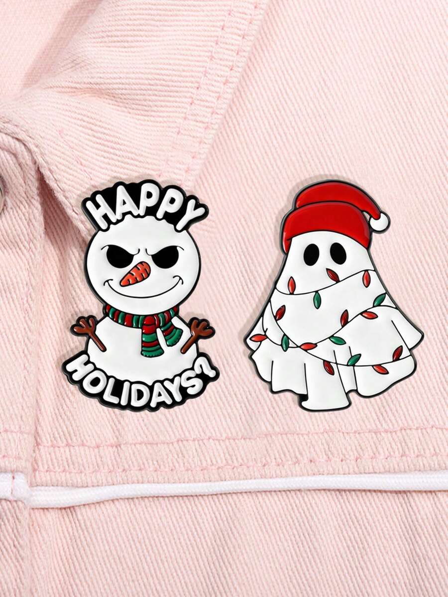 2Pcs Happy Holidays Enamel Pins Christmas Halloween Snowman Boo ...