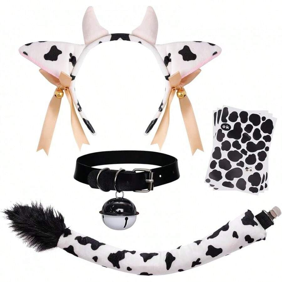 Pcs Cow Costume Set Cow Ears Headband Bell Choker Tail Sticker Cosplay ...