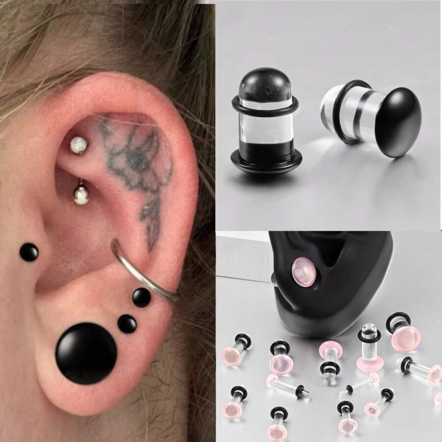 14pcs/10pcs/8pcs/Lots Black/Pink Single Flare Glass Plug Ear Stretching ...