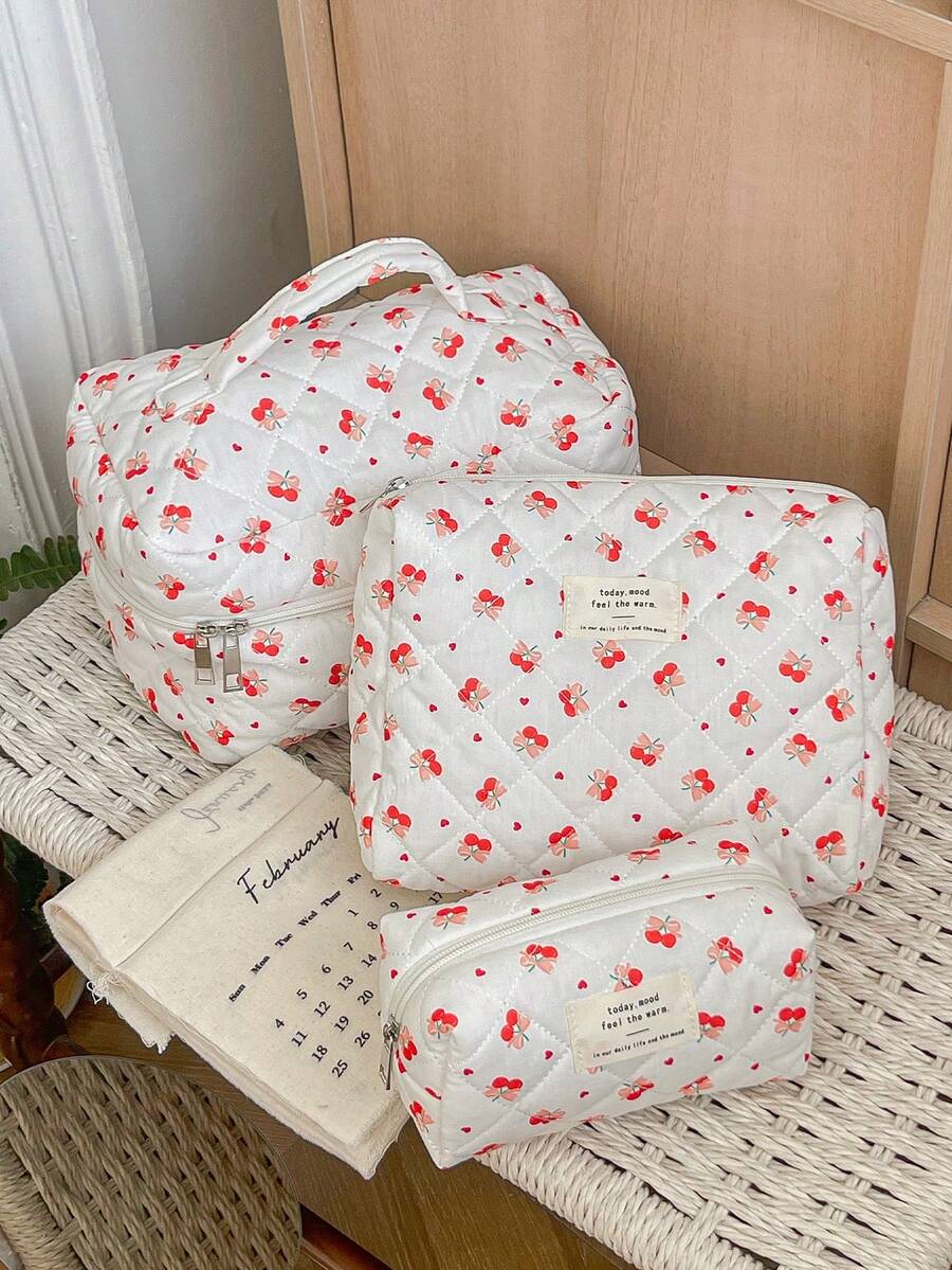 1pc/Set Floral Bow Decor Cosmetic Bag, Fabric Printed Zipper Pouch ...