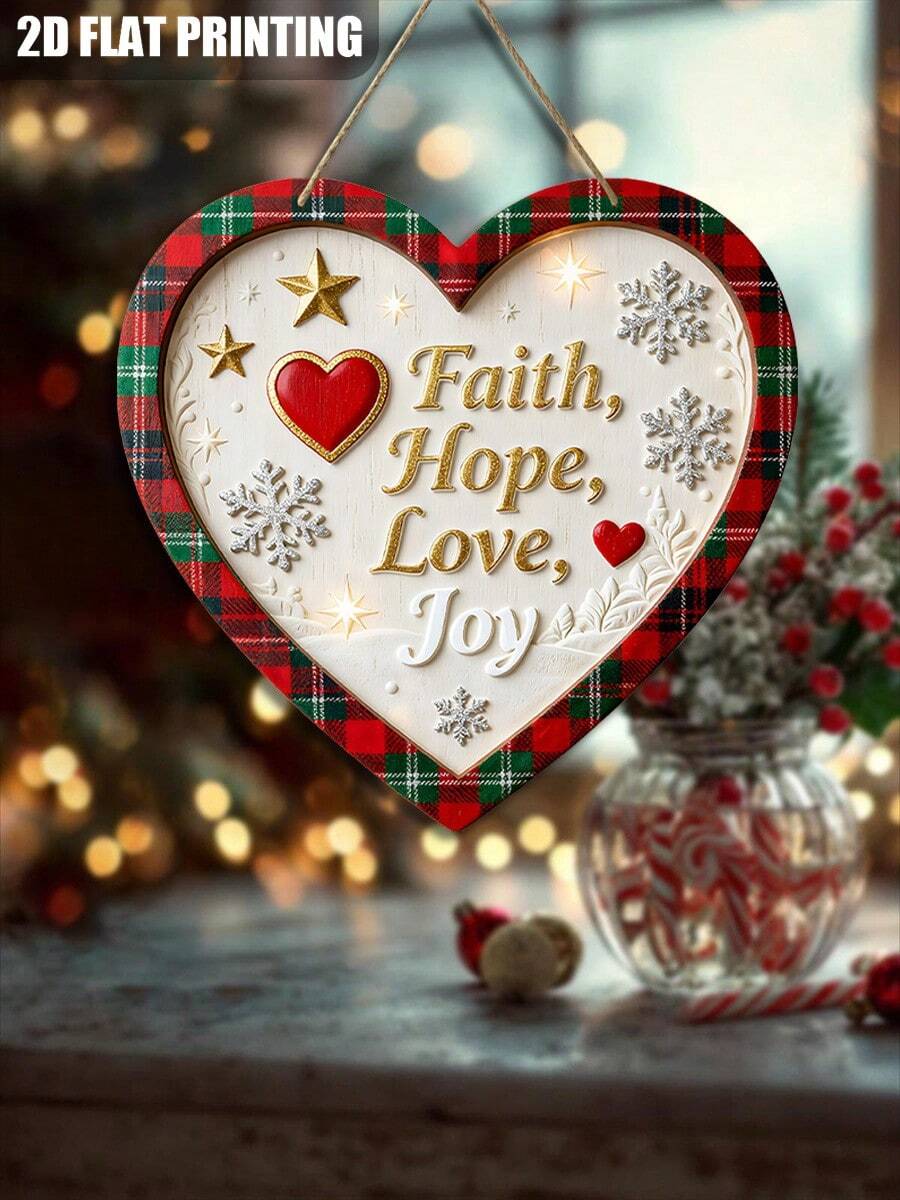 1PC Heart-Shaped Christmas Wooden Sign **25 Cm (9.8 In) – "Faith, Hope ...