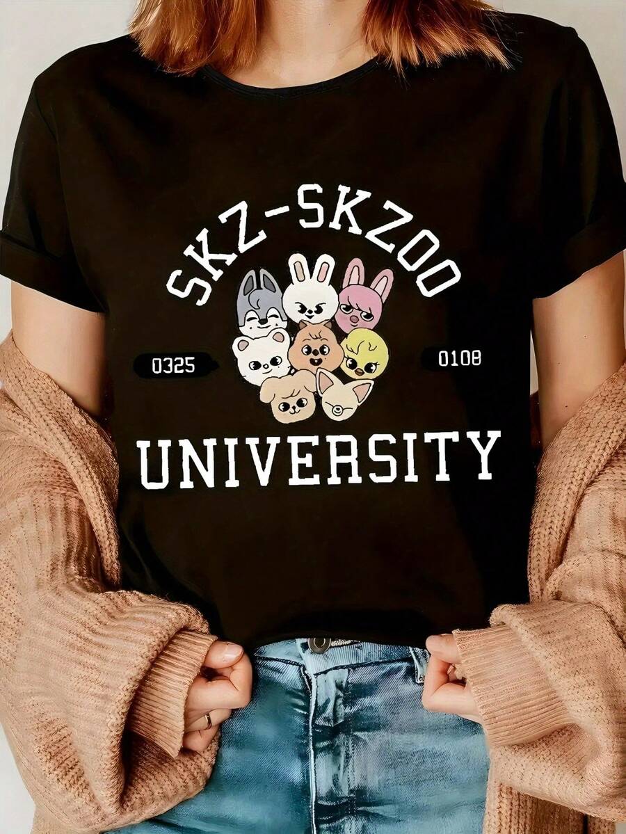 Animals Rabbits&Dogs And Letters Print T-Shirt, Casual Crew Neck Short ...