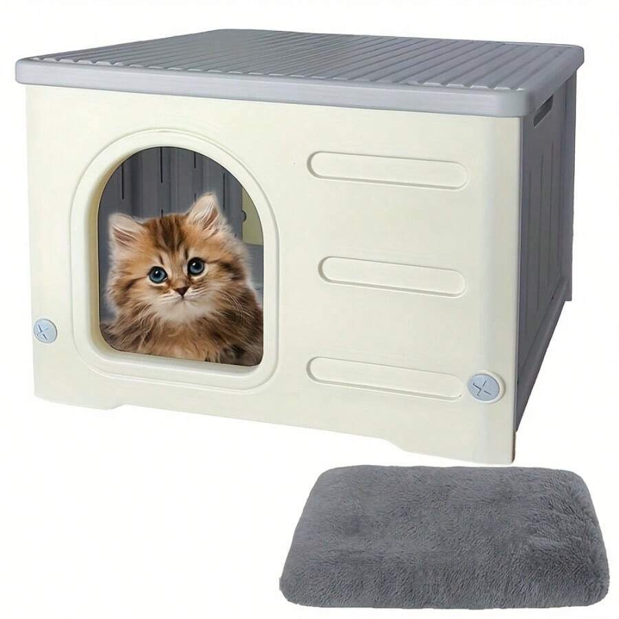 Waterproof Cat House With Mat, Classic Style, Outdoor Indoor Plastic ...