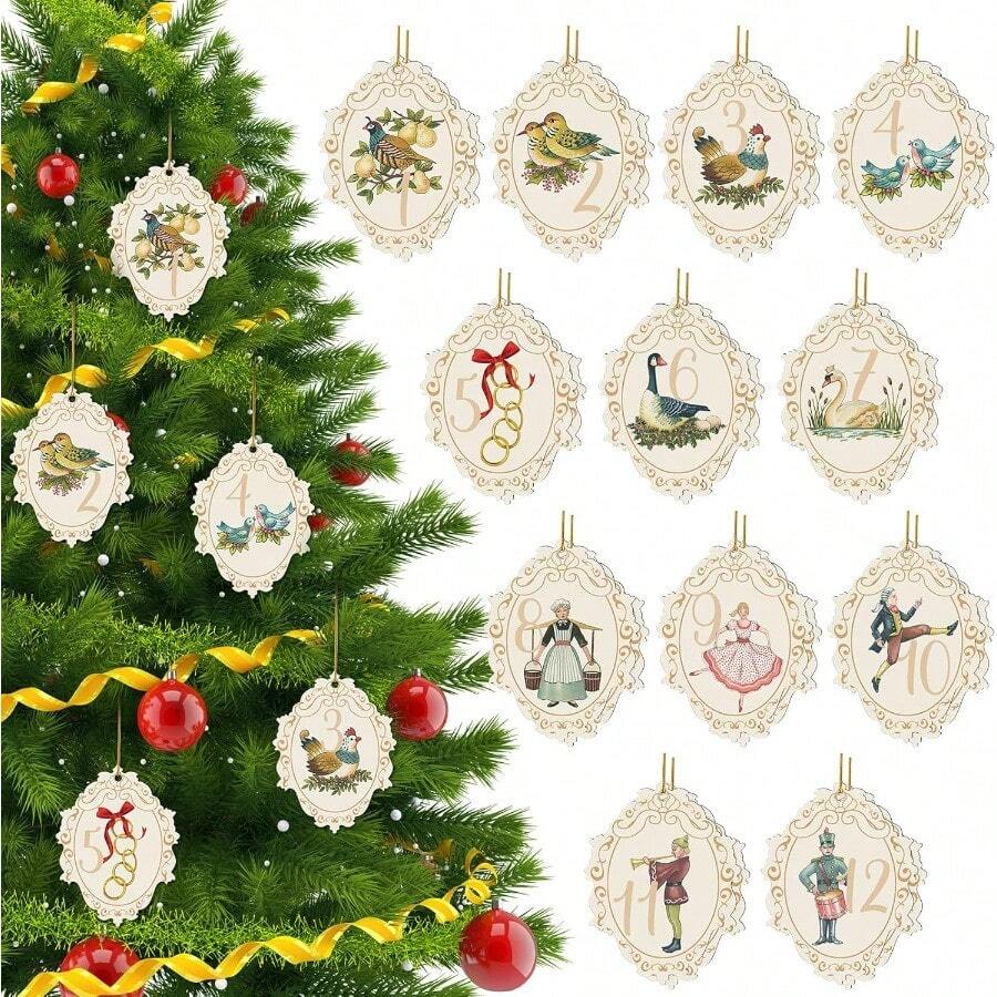 D24 Pcs 12 Days Of Christmas Ornaments Vintage Wooden Christmas Tree ...