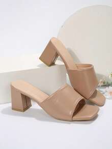 French Sexy Square Toe Faux Leather Mid-High Heel Mule Slippers For ...