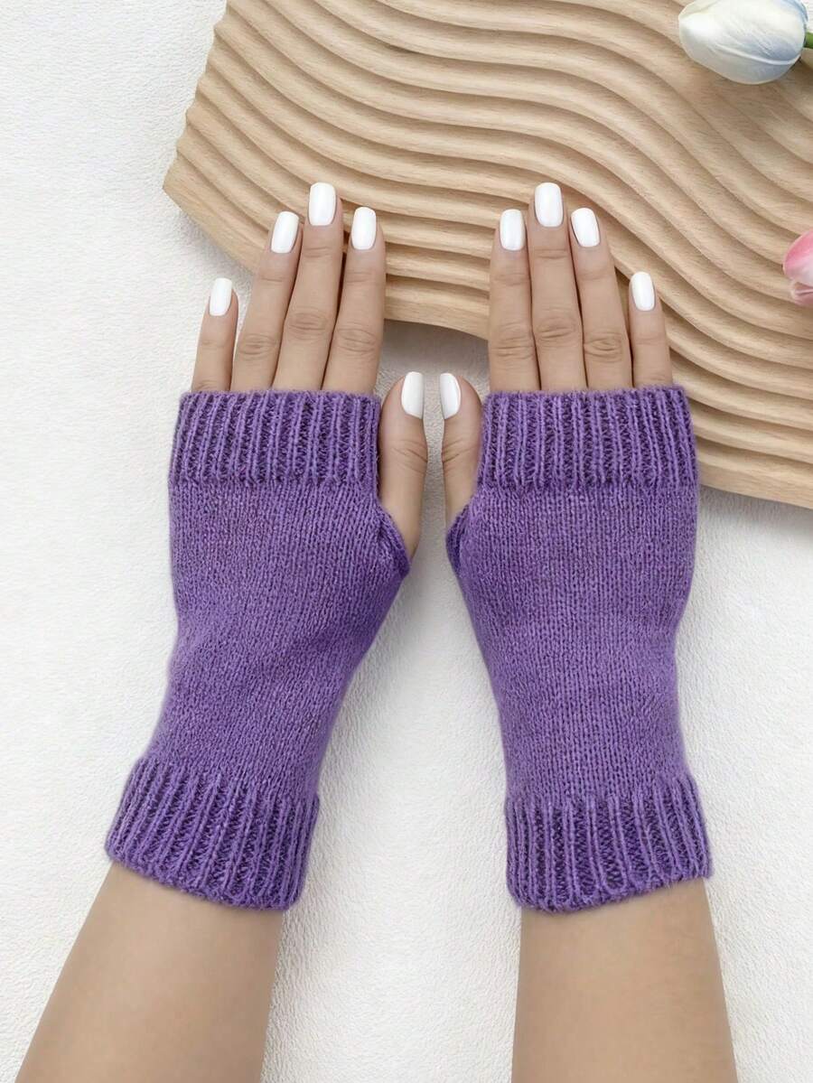 1 Pair New Knitted Thick Warm Gloves, Neon Color Half Finger Gloves ...