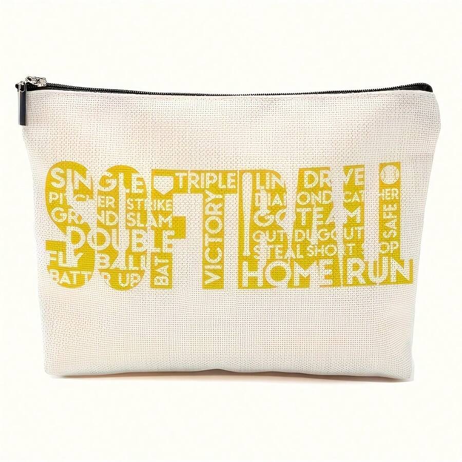 1pc Softball-Themed Makeup Bag - "SINGLE, DOUBLE, TRIPLE, HOME RUN ...