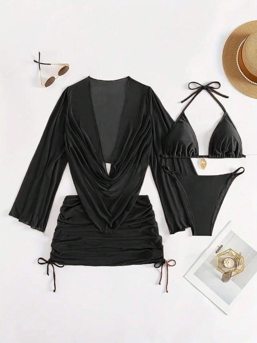 4pcs Sexy Solid Color Bikini Set With Sheer Cover-Up, Suitable For ...