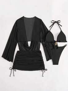 4pcs Sexy Solid Color Bikini Set With Sheer Cover-Up, Suitable For ...