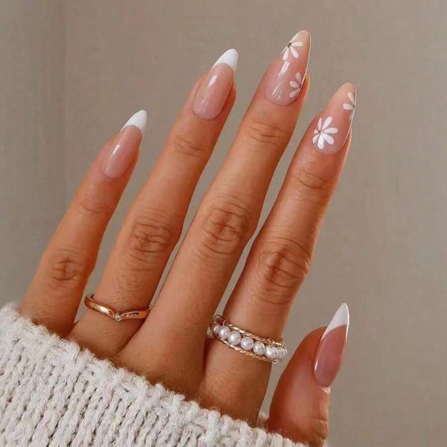 Finished Nail Tips For Wearing, White Pure Flower Detachable Nail Tips ...