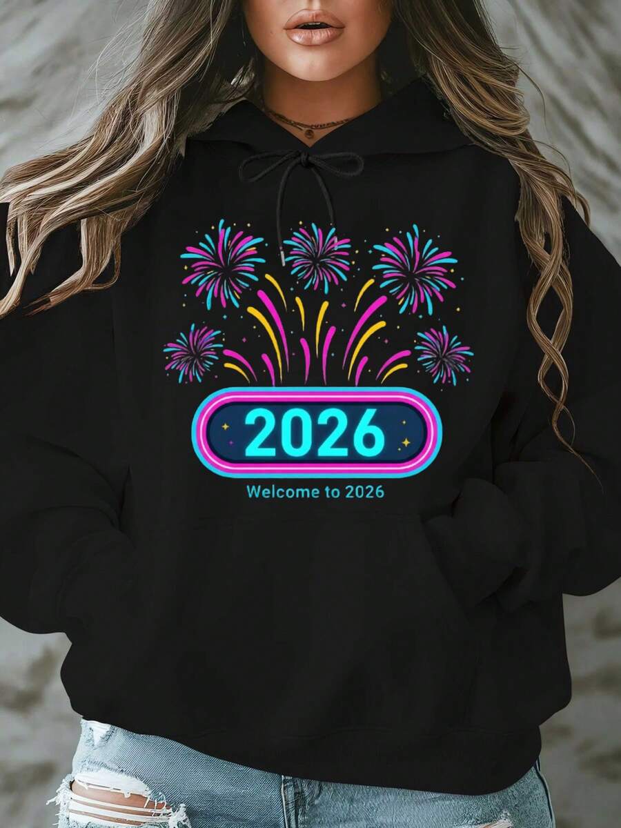 Plus Size Hoodie With 2026 Fireworks Print And Welcome To 2026 Text ...