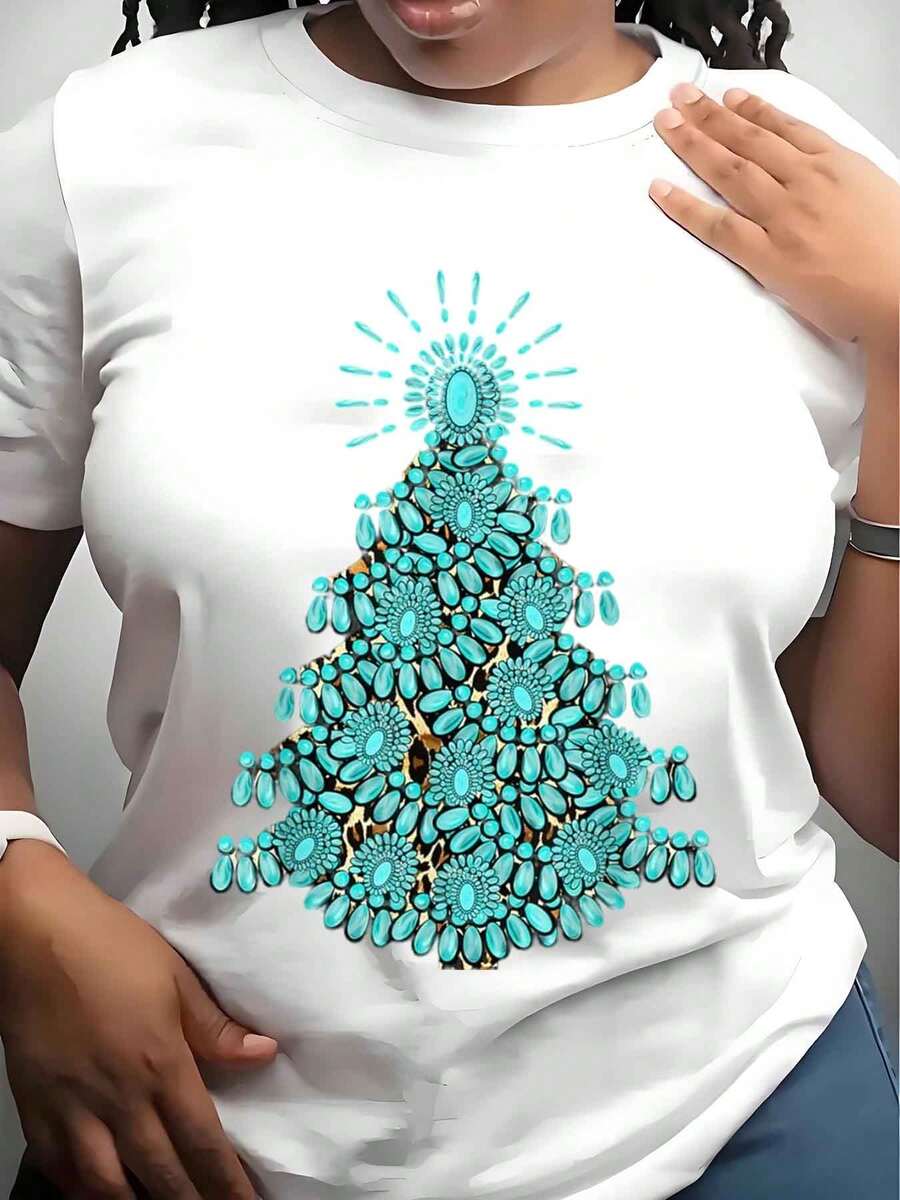 Women's White T-Shirt With Turquoise Gem Tree Print Plus Size Casual ...