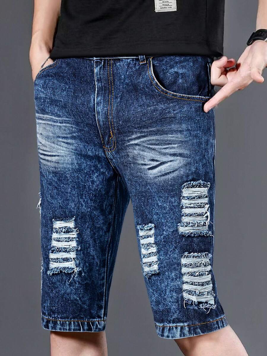 Shorts jeans rasgados masculinos Todos Ajuste Regular Bolso Rasgado ...