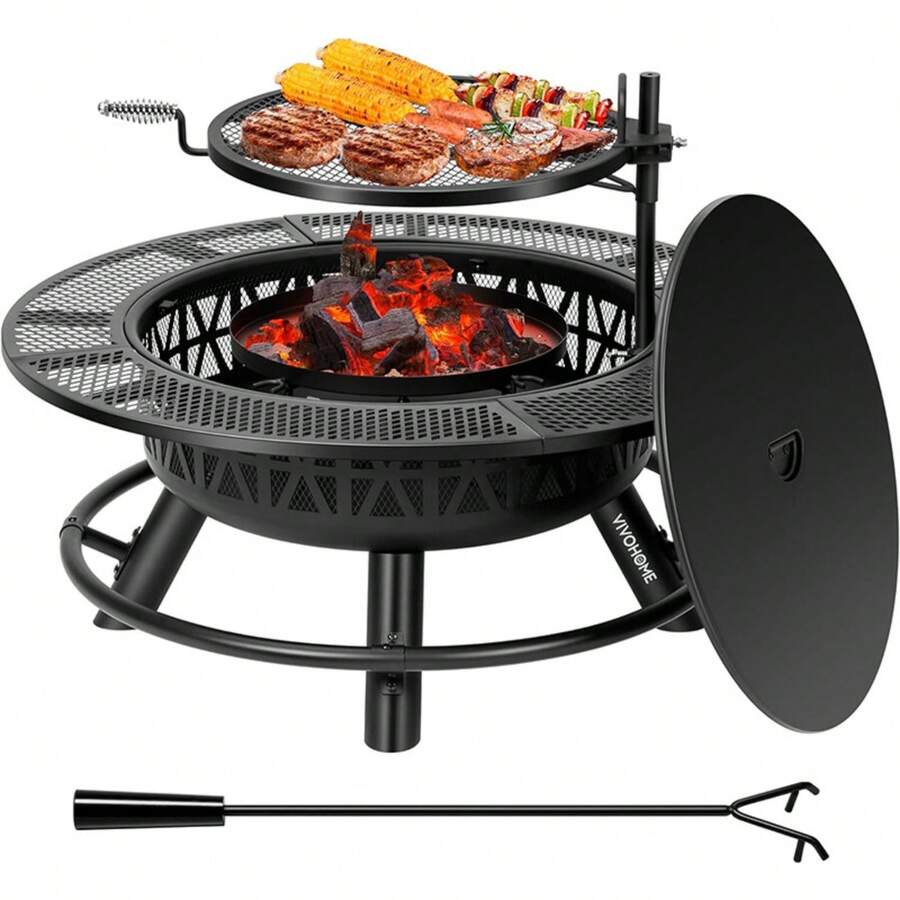 35'' Outdoor Wood Burning Round Fire Pit Barbecue Pit BBQ Backyard ...